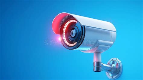 Security Camera With Red Light On Blue Background Professional Surveillance Device For