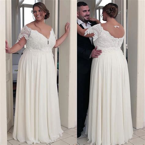 Unique Chiffon Jewel Neckline A Line Plus Size Wedding Dresses With