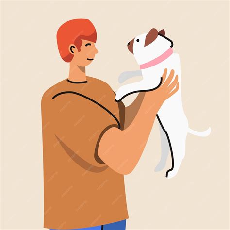 그의 퍼그 개 주인을 사랑하는 남자의 그림 강아지를 들고 평면 만화 스타일의 행복한 벡터 일러스트 레이 션 미소 프리미엄 벡터