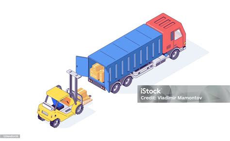等軸測倉庫箱叉車和裝載機裝載機將貨物裝載到卡車中用於交付向量圖示向量圖形及更多工廠圖片 工廠 等軸測投影 商務 Istock