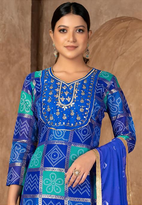 Buy Bandhej Printed Cotton Pakistani Suit In Royal Blue Online