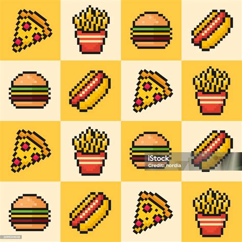 패스트 푸드 완벽 한 패턴 픽셀 아트 피자 조각 감자 튀김 햄버거 핫도그 90 년대 80 년대 8 비트 오래된 아케이드 게임 스타일 벡터 일러스트 레이 션 마르게리타 피자에