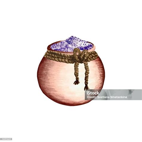 대마 코드가 있는 구형 항아리에 있는 보라색 목욕 소금 수채화 기법으로 손으로 그린 마커 그림 건강관리와 의술에 대한 스톡 벡터