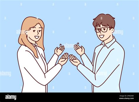Couple Of Man And Woman In Business Clothes Make Inviting Gesture With
