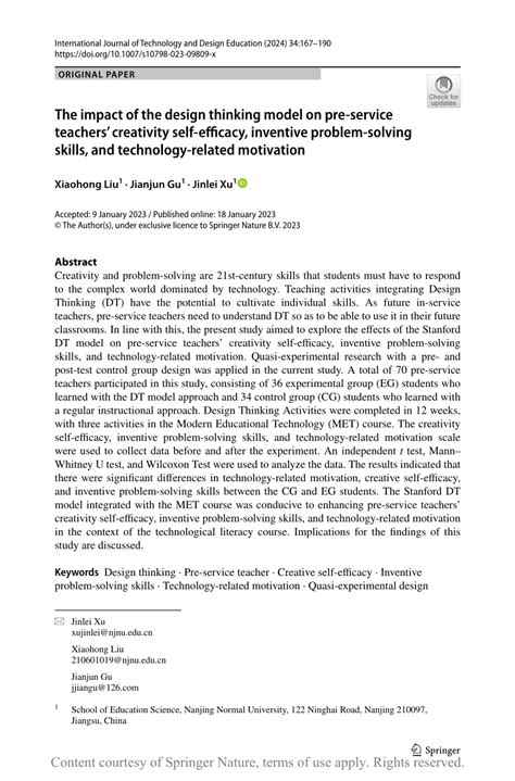 The Impact Of The Design Thinking Model On Pre Service Teachers Creativity Self Efficacy