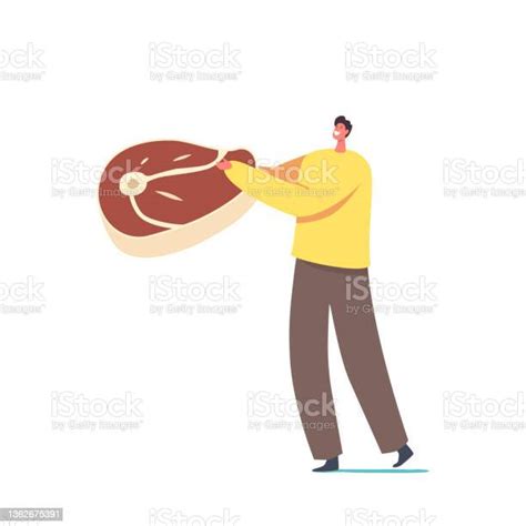 거대한 쇠고기 스테이크를 들고 작은 남성 캐릭터 흰색 배경에 고립 된 고기조각을 가진 남자 팔레오 다이어트 바베큐 고기에 대한 스톡 벡터 아트 및 기타 이미지 Istock