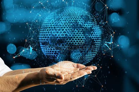 Close Up Of Male Hand Holding Abstract Globe Sphere With Coding And Polygonal Network Future