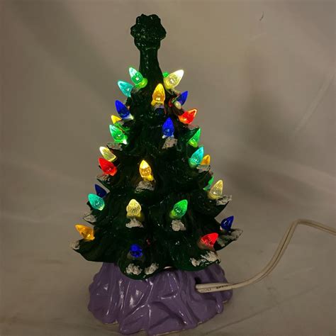 Green Iridescent Ceramic Christmas Lighted Tree 8 Inches Vintage
