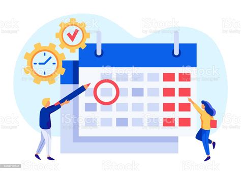 작업 시간 관리 달력을보고 중요한 날짜를 확인하는 작은 사람들 사건 또는 약속을 돌고있는 남자 개념에 대한 스톡 벡터 아트 및 기타 이미지 Istock