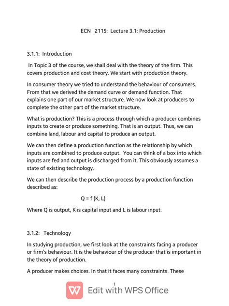 3-1 ECN 2115 Lecture 3 - 1 Production Theory | PDF | Production ...