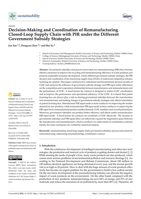 Pdf Decision Making And Coordination Of Remanufacturing Closed Loop Supply Chain With Pir