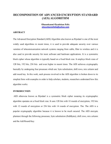 Decomposition Of Advanced Encryption Standard Aes Algorithm Warning