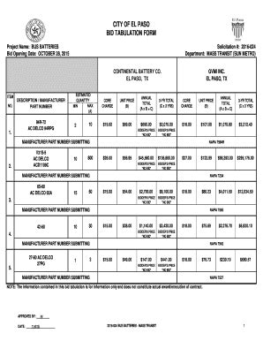 Fillable Online CITY OF EL PASO BID TABULATION FORM El Paso Texas