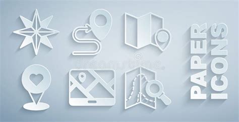Set City Map Navigation Folded With Location Marker Location Heart Search Route And Wind