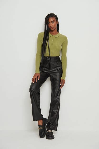 Side Slit Pu Pants Black Na