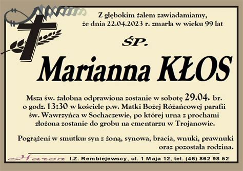 Śp Marianna Kłos Nekrolog