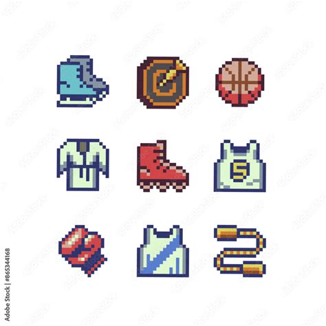 Sport Clothing And Equipment Pixel Art Style Icons Set Emoji 8 Bit