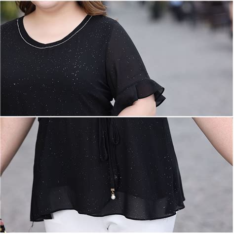 Plus Size Black Shimmer Round Neck Peplum Blouse Extra Big Size