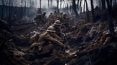 Soldados Nas Trincheiras Da Primeira Guerra Mundial Em Meio Ao Conflito