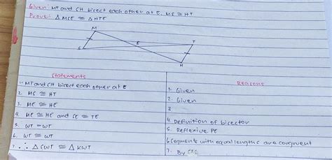 Directions: Complete the two-column proof.Given: MT and SH bisect each other at E. MSHTProve ...