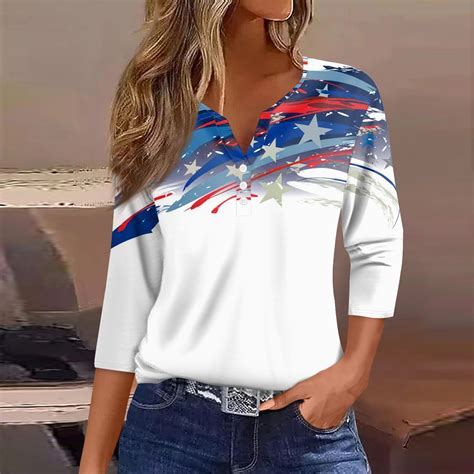 LTTVQM July Th Green Tops For Women Henley Button V Neck Short Sleeve Tshirts Shirts USA Flag