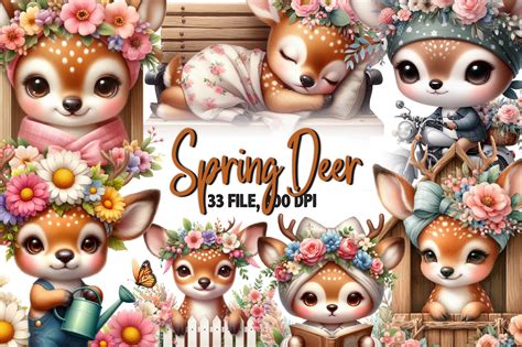 Cute Spring Deer Clipart Bundle 1