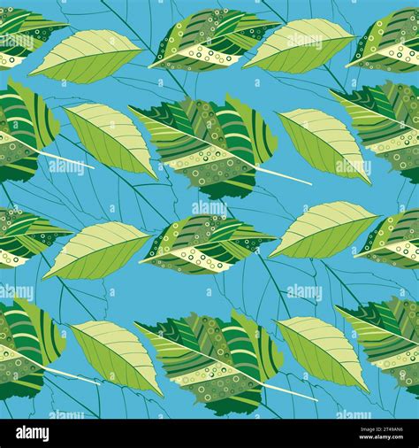 Decorarated Green Leaves With Circles And Lines Repeating In Rows Over