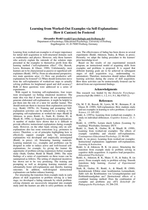 Pdf Learning From Worked Out Examples Via Self Explanations How It Can Not Be Fostered