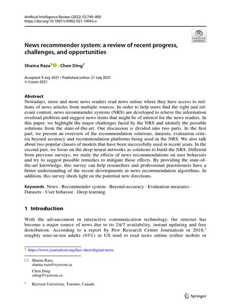News Recommender System A Review Of Recent Progress Challenges And Opportunities Pdf