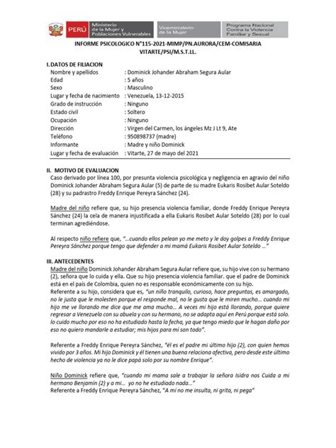 Informe Psicológico Dominick Segura Aular Pdf Violencia Doméstica