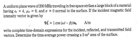 Solved A Uniform Plane Wave Of 200mhz Traveling In Free
