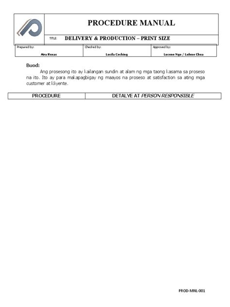 001 Procedure Manual Delivery And Production Ng Printing Size Pdf