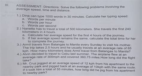 Solved Ii Assessment Directions Solve The Following Problems Involving The Average Speed