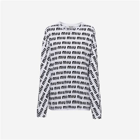 W 미우 미우 프린트 코튼 티셔츠 화이트 Miu Miu Kream