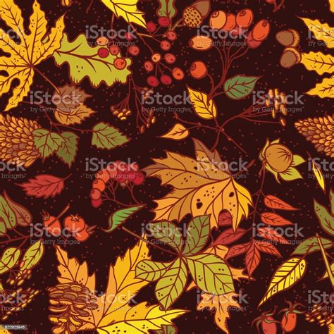 벡터 원활한 패턴 스케치 단풍 콘 말린된 꽃과 익은 열매와 분기 한다 다채로운 허브 그래픽입니다 요소 9 월 또는 10 월 잎가 및 갈색 배경에 수확 0명에 대한 스톡 벡터