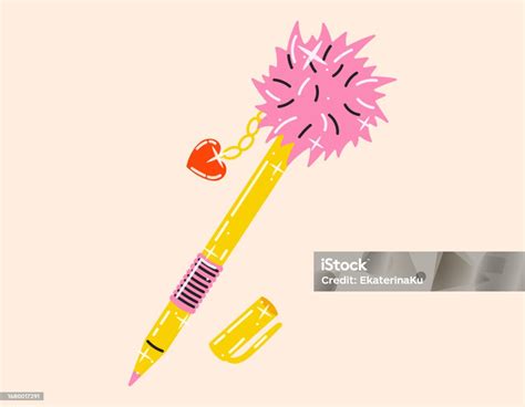 모자 재미있는 Pompom 및 열쇠 고리가 달린 귀여운 소녀 자동 펜 벡터 격리 플랫 일러스트레이션 90년대 복고풍 패션 학교