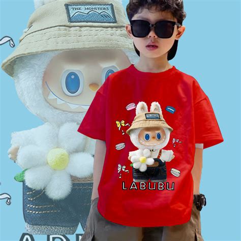 Cute Labubu T Shirt เด็กเสื้อยืดแขนสั้นพิมพ์การ์ตูนระบายอากาศ 1