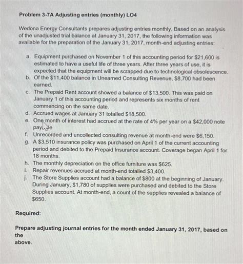 Solved Problem 3 7a Adjusting Entries Monthly Lo4 Wedona