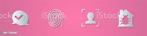 Set Paper Cut Check Mark In Speech Bubble Fingerprint Face Recognition