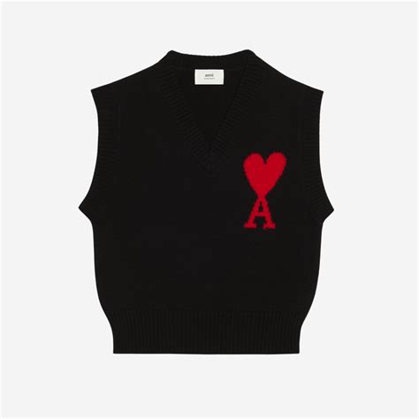 아미 빅 하트 로고 슬리브리스 인타르시아 스웨터 블랙 레드 Ami Kream