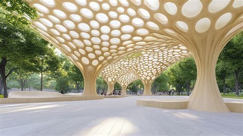 A Tree Like Canopy Made Of Wood Is Designed As An Architectural Structure In The City Square