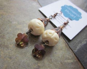 Wire Wrapped Copper And Carved Bone Earrings