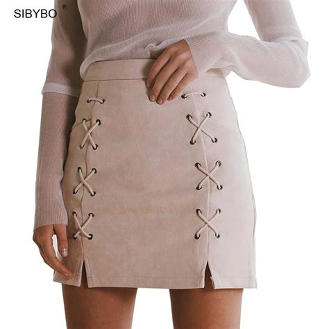 Suede Leather Skirts 2018 High Waist Sexy Vintage Lace Up Zipper Split
