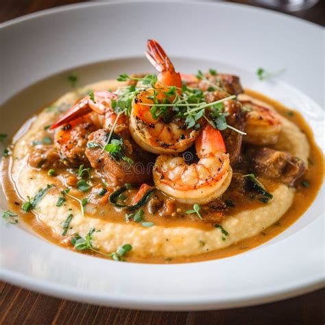 Shrimp And Grits Spicy Shrimp Over Creamy Buttery Grits Stock
