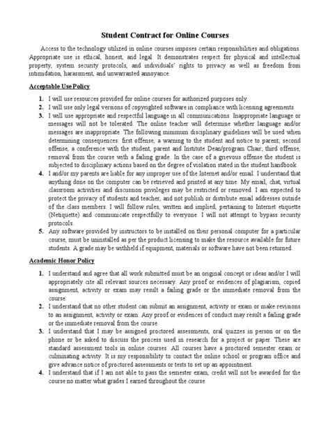Student Contract For Online Courses Pdf Educational Technology