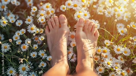 Beautiful Female Feet In Daisy Field Top View Summer Nature