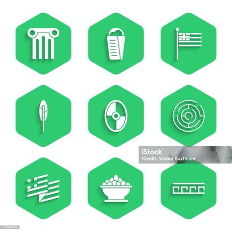 그리스 방패 그릇에 담긴 올리브 고대 패턴 미노타우로스 미로 그리스 국기 깃털 펜 및 기둥 아이콘을 설정합니다 벡터 고대의에 대한 스톡 벡터 아트 및 기타 이미지 Istock