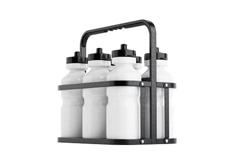 스포츠와 수분 공급 개념 운반용 홀더에 검은색 캡이 있는 흰색 플라스틱 물병 6개 세트 3d 렌더링 3차원 형태에 대한 스톡 사진 및 기타 이미지 Istock