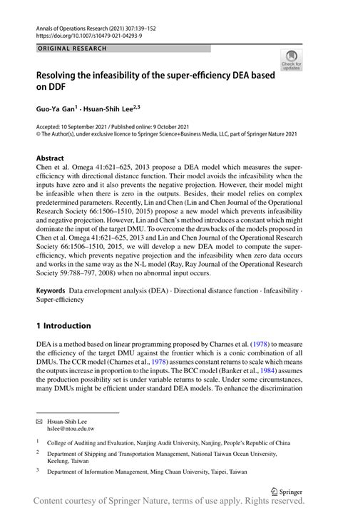 Resolving The Infeasibility Of The Super Efficiency Dea Based On Ddf Request Pdf