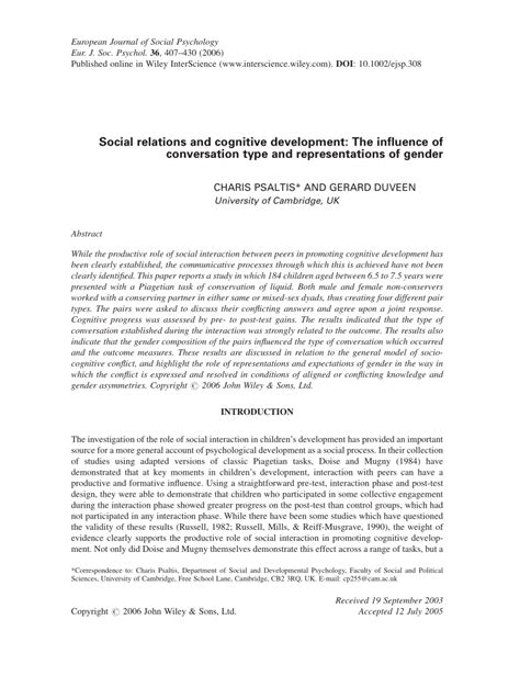 Pdf Social Relations And Cognitive Development The Influence Of Conversation Type And